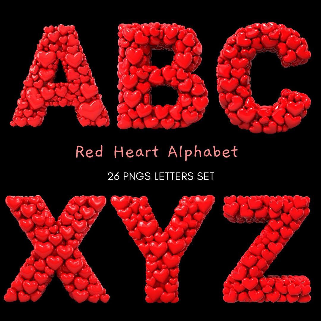 Red Heart Alphabet: Valentine's Day PNG, Love Font Clipart, Heart ...