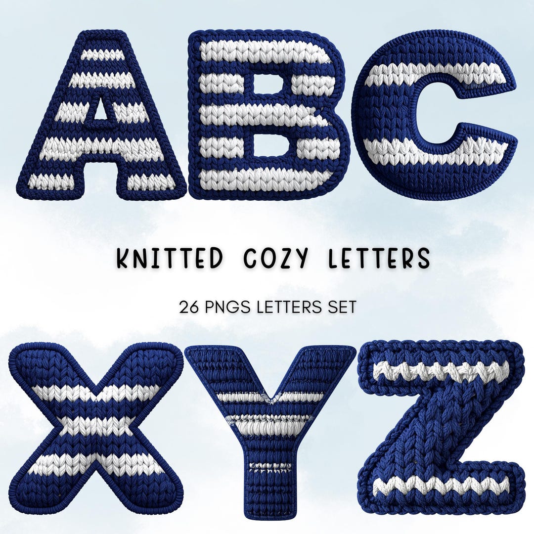 Crochet Alphabet - Knitted Letters PNG - Blue White Font - Cozy Knit ...
