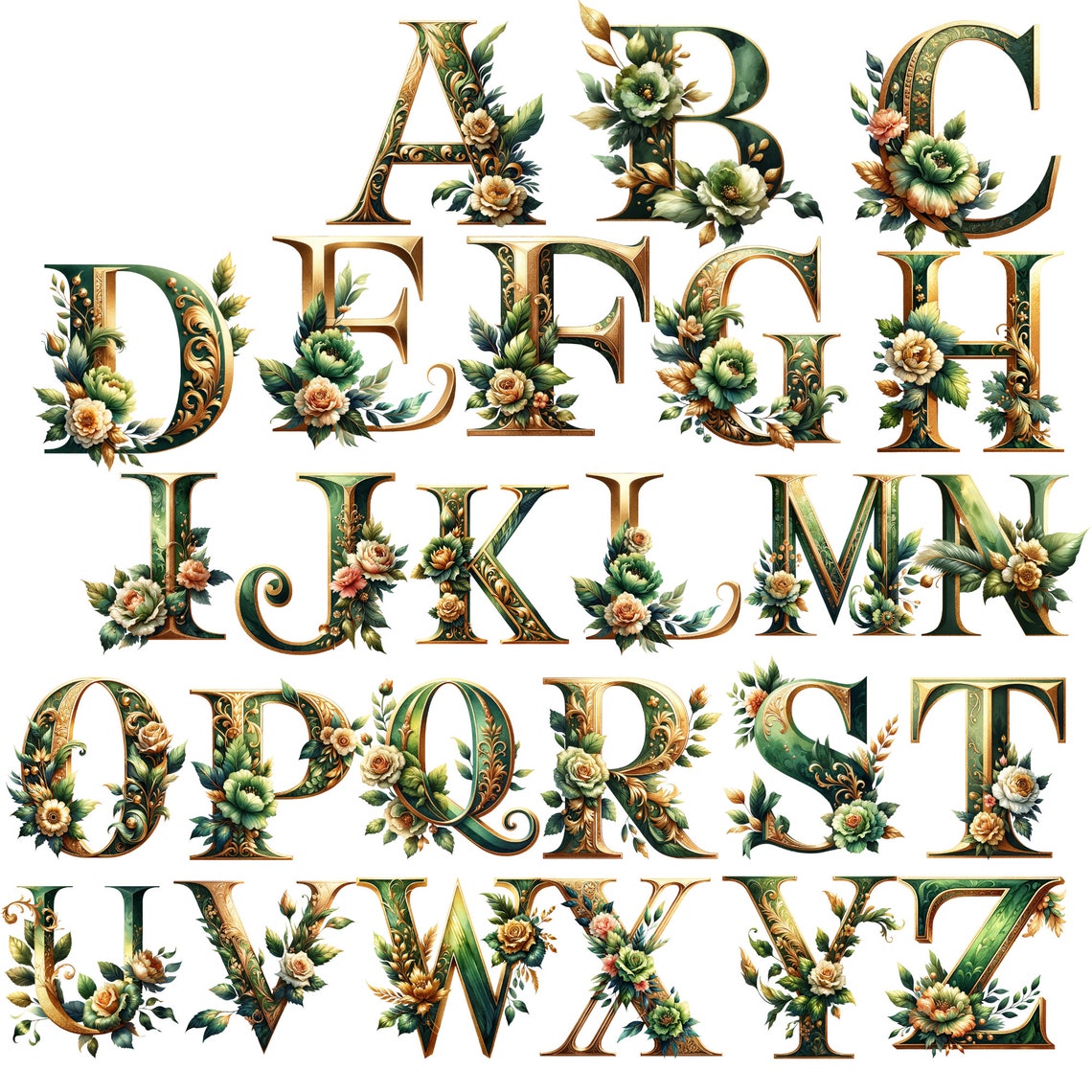 Floral Letter Monogram: Green Flower Alphabet Clipart (PNG Digital ...