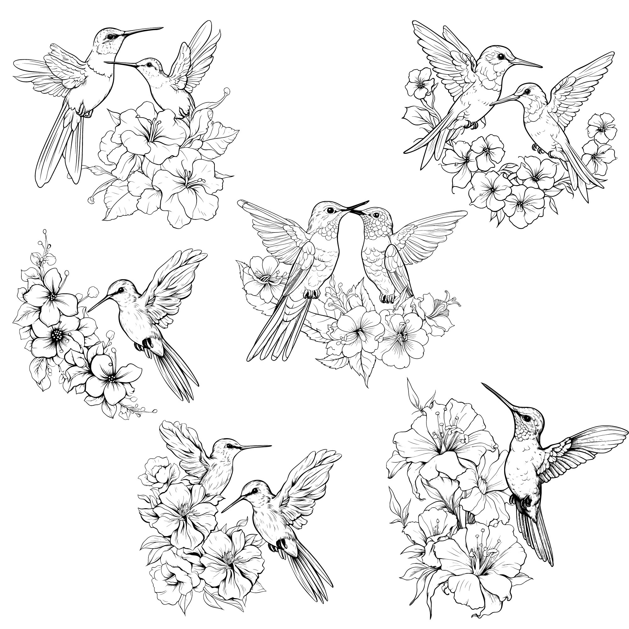 Floral Birds Line Art, Wedding Flowers, Hand Drawn Vector Flowers, Bird ...