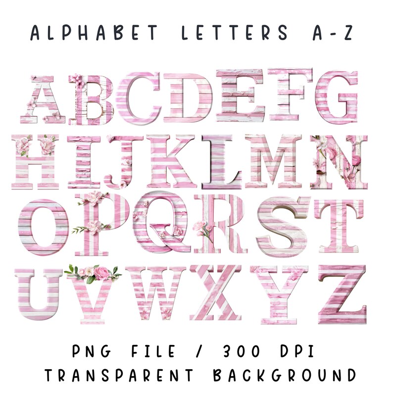 Pink Floral Stripe Alphabet Clipart Floral Letters for Nursery Decor ...