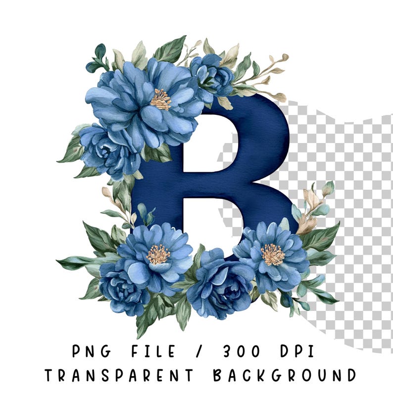 Blue Floral Alphabet Letters PNG, Flower Monogram, Blue Flower Letters PNG, Digital Flower ...