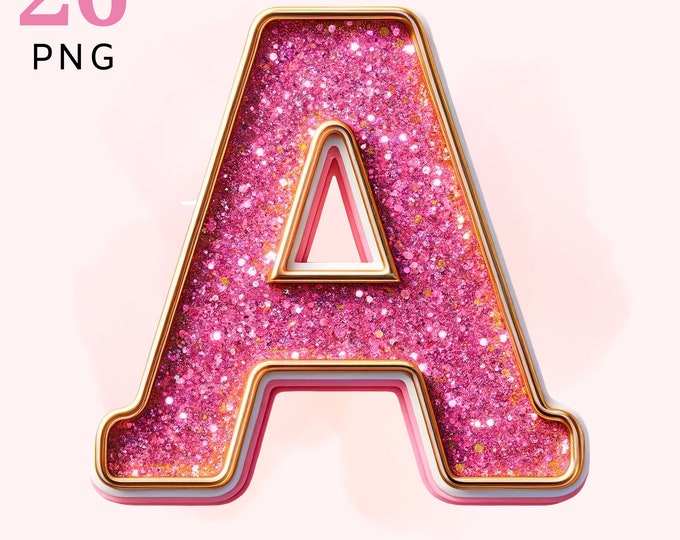 Pink Glitter Alphabet Clipart: Gold Trim Letters & Numbers (PNG Digital ...