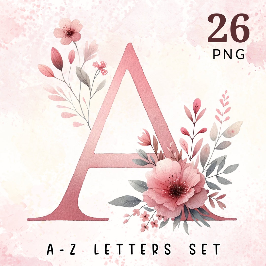 Floral Alphabet Clipart: Pink Watercolor Letters (PNG Digital Download ...