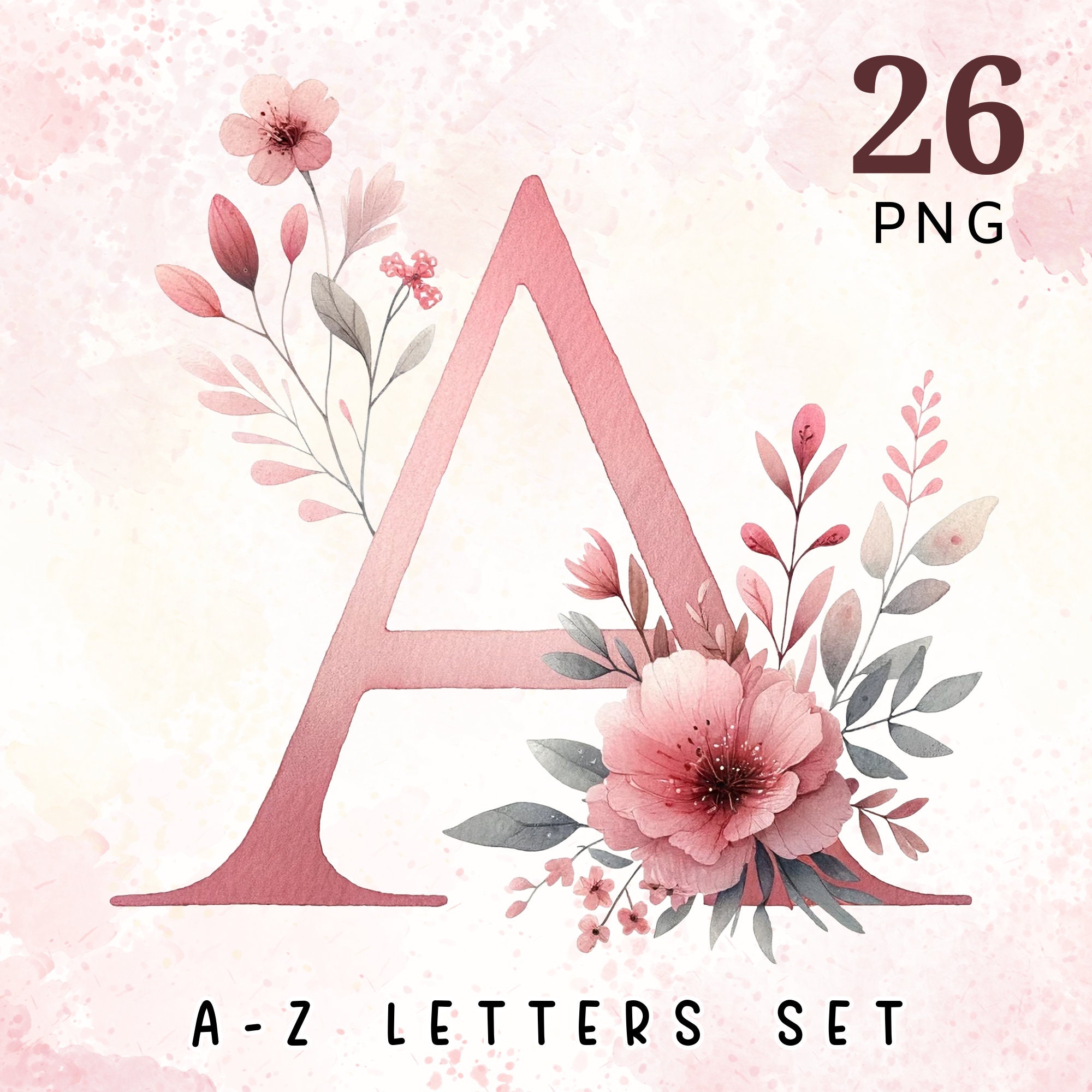 Floral Alphabet Clipart: Pink Watercolor Letters (PNG Digital Download ...