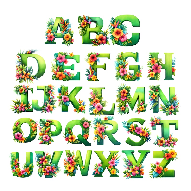 Tropical Floral Alphabet Letters A-Z: Hawaii PNG Font (digital Download ...