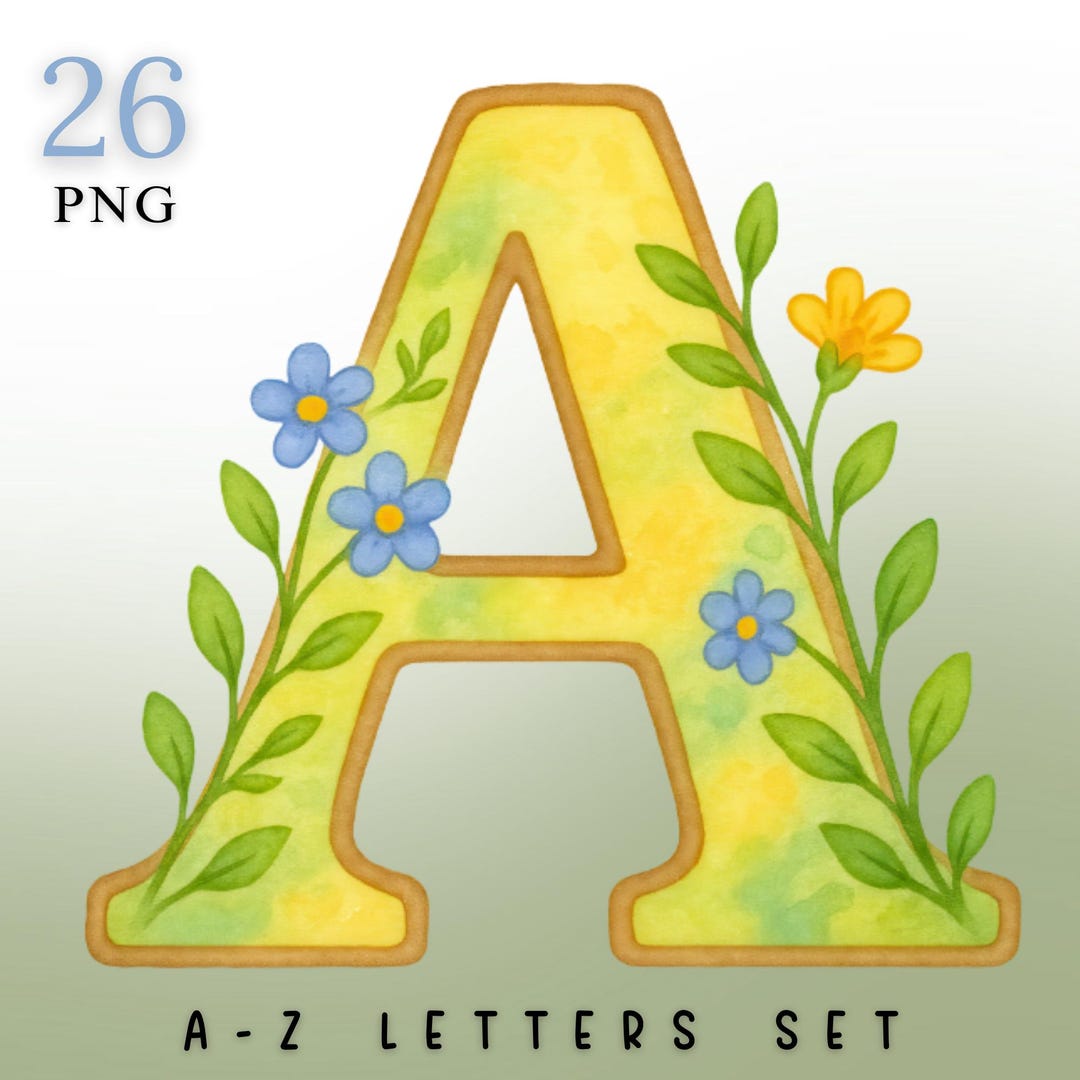 Floral Alphabet Letters A-Z Clipart Set, Vintage Botanical Font, Yellow ...