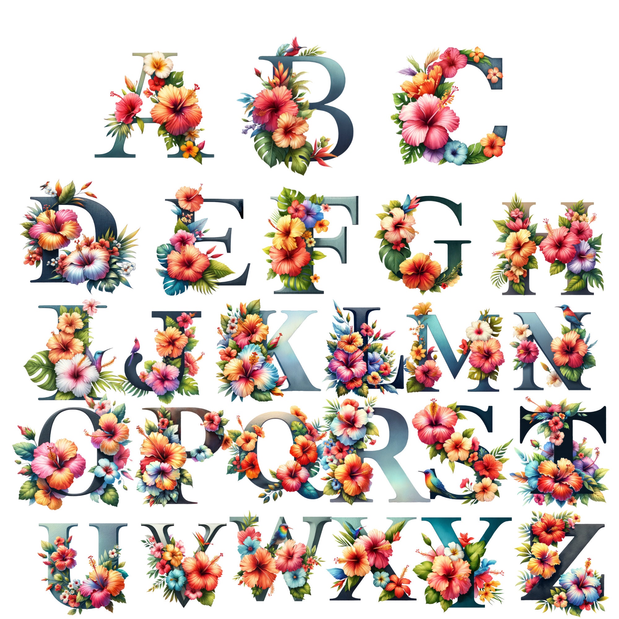Watercolor Tropical Alphabet, Floral Leaves Letters Png, Summer Font ...