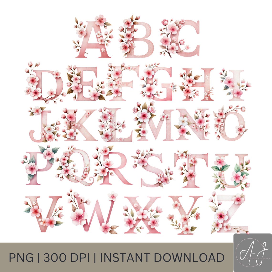 Cherry Blossom Alphabet Clipart, Watercolor Floral Letters PNG Bundle ...