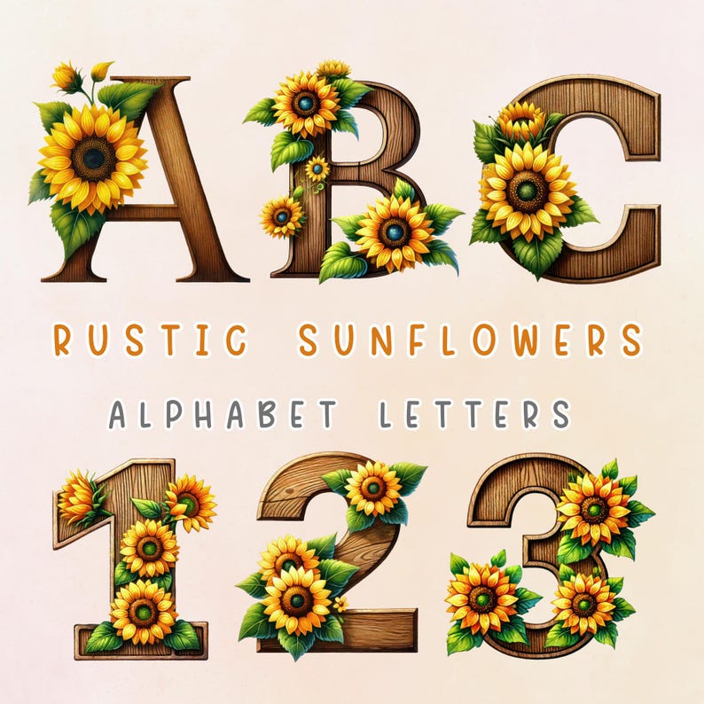 Rustic Sunflower Alphabet Letters and Numbers Set – Vintage Floral ...