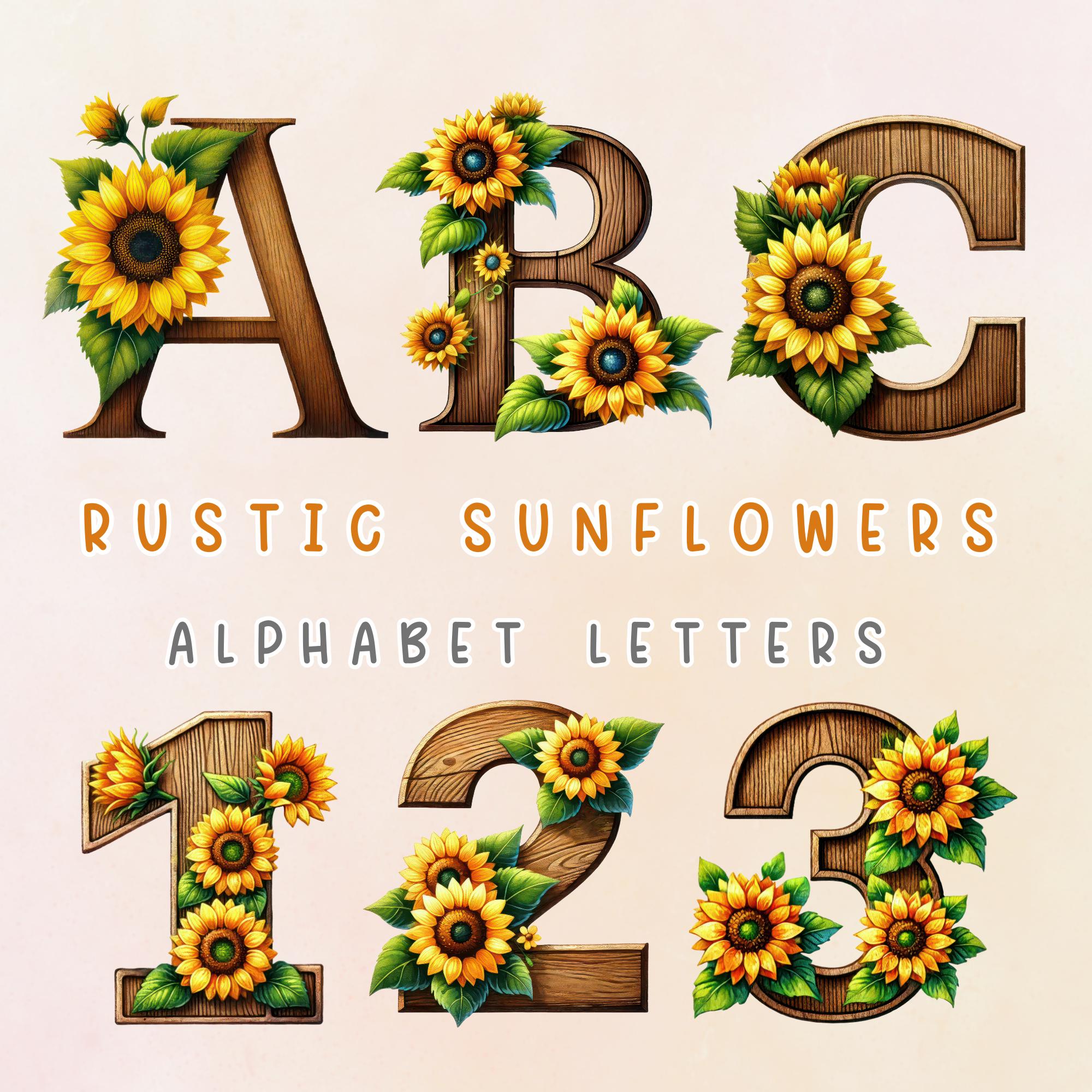 Rustic Sunflower Alphabet & Numbers: Vintage Floral Monogram (digital ...