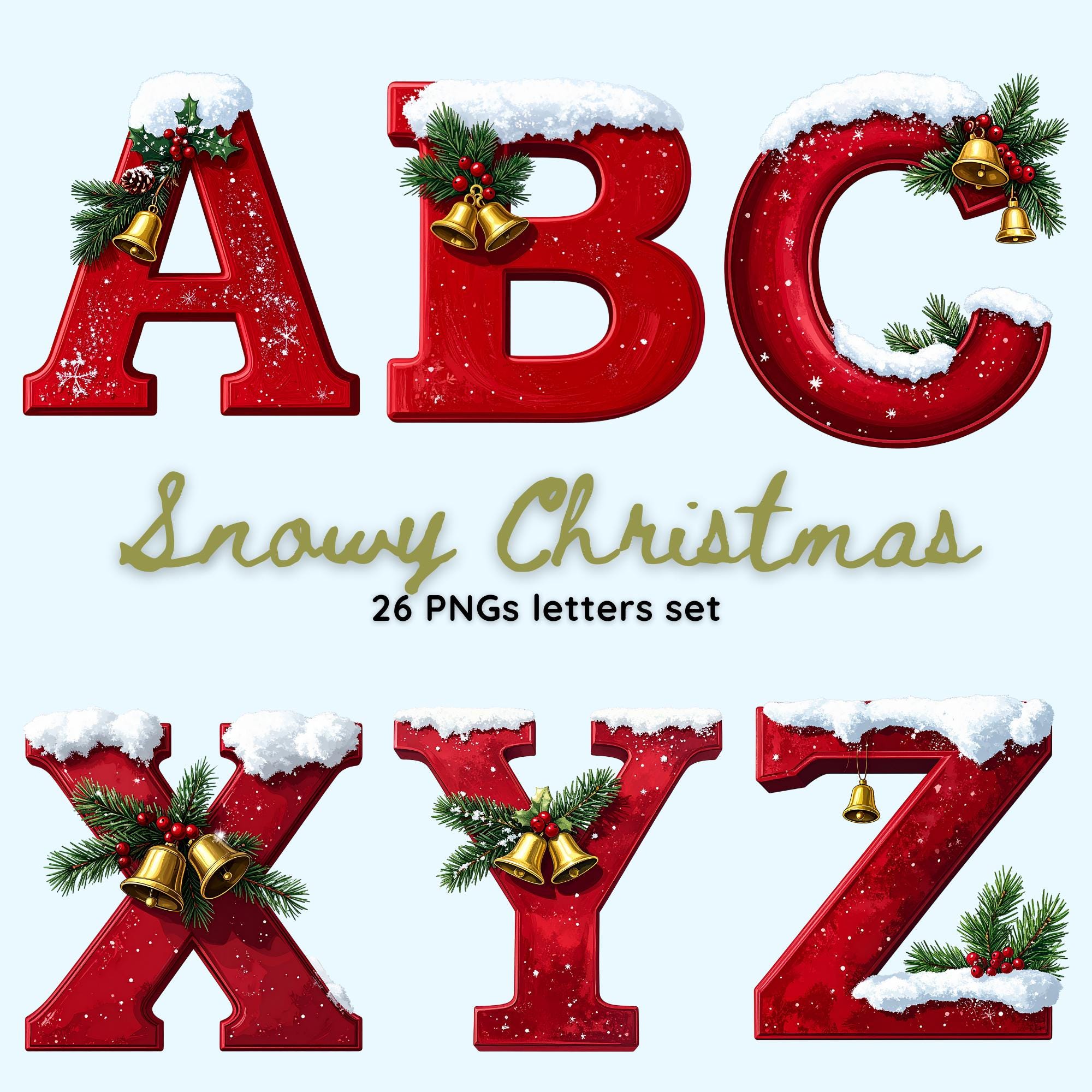 Snowy Christmas Alphabet PNG Bundle: Red Holiday Letters (digital ...
