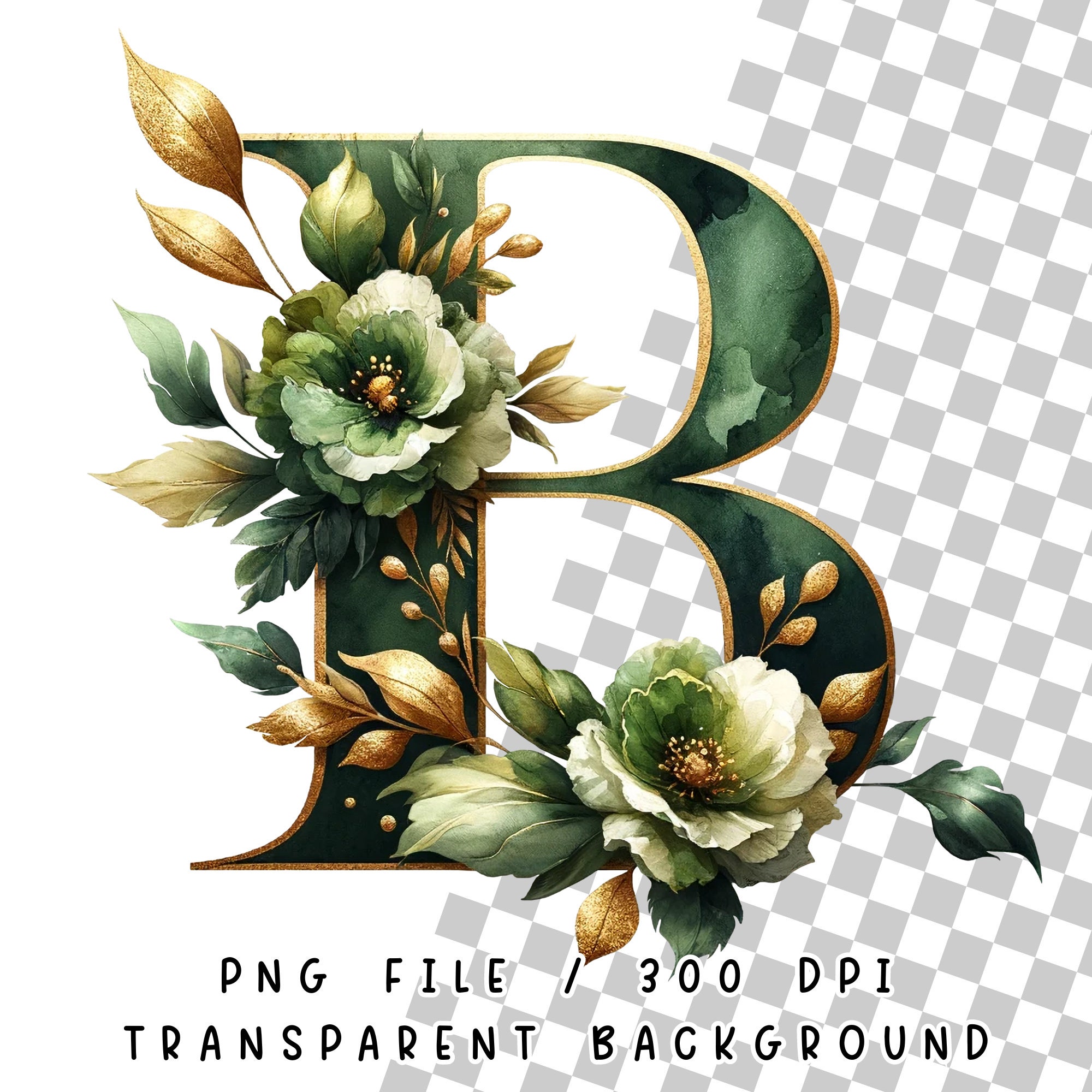 Floral Letter Monogram: Green Flower Alphabet Clipart (PNG Digital ...