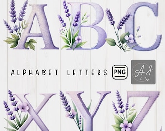 Floral Alphabet Clipart, Lavender Letter Graphics, Watercolor Floral ...