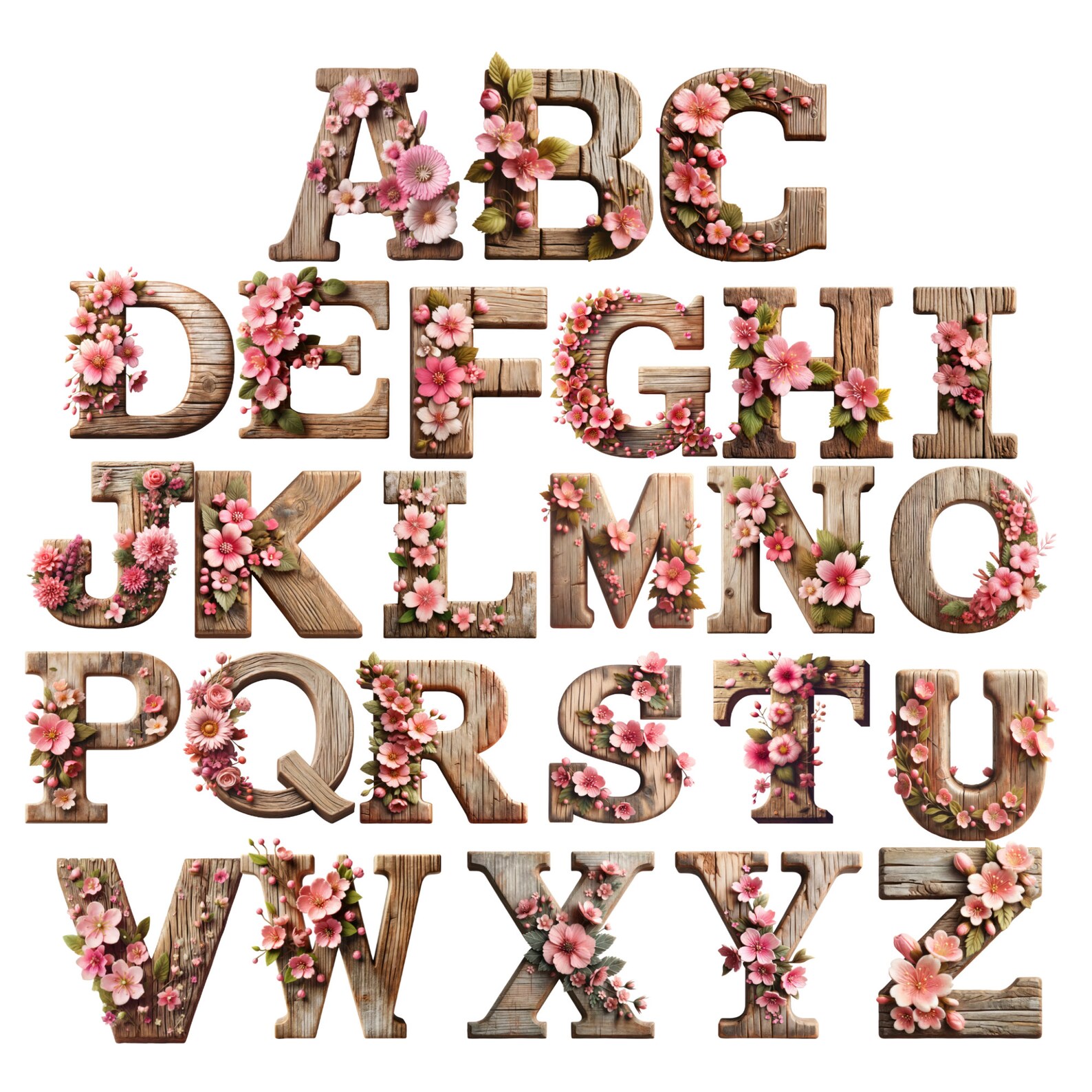Floral Wood Alphabet A - Z Clipart, 3D Wood PNG Letters, Rustic Font ...