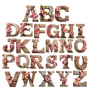 Floral Wood Alphabet A - Z Clipart, 3D Wood PNG Letters, Rustic Font ...