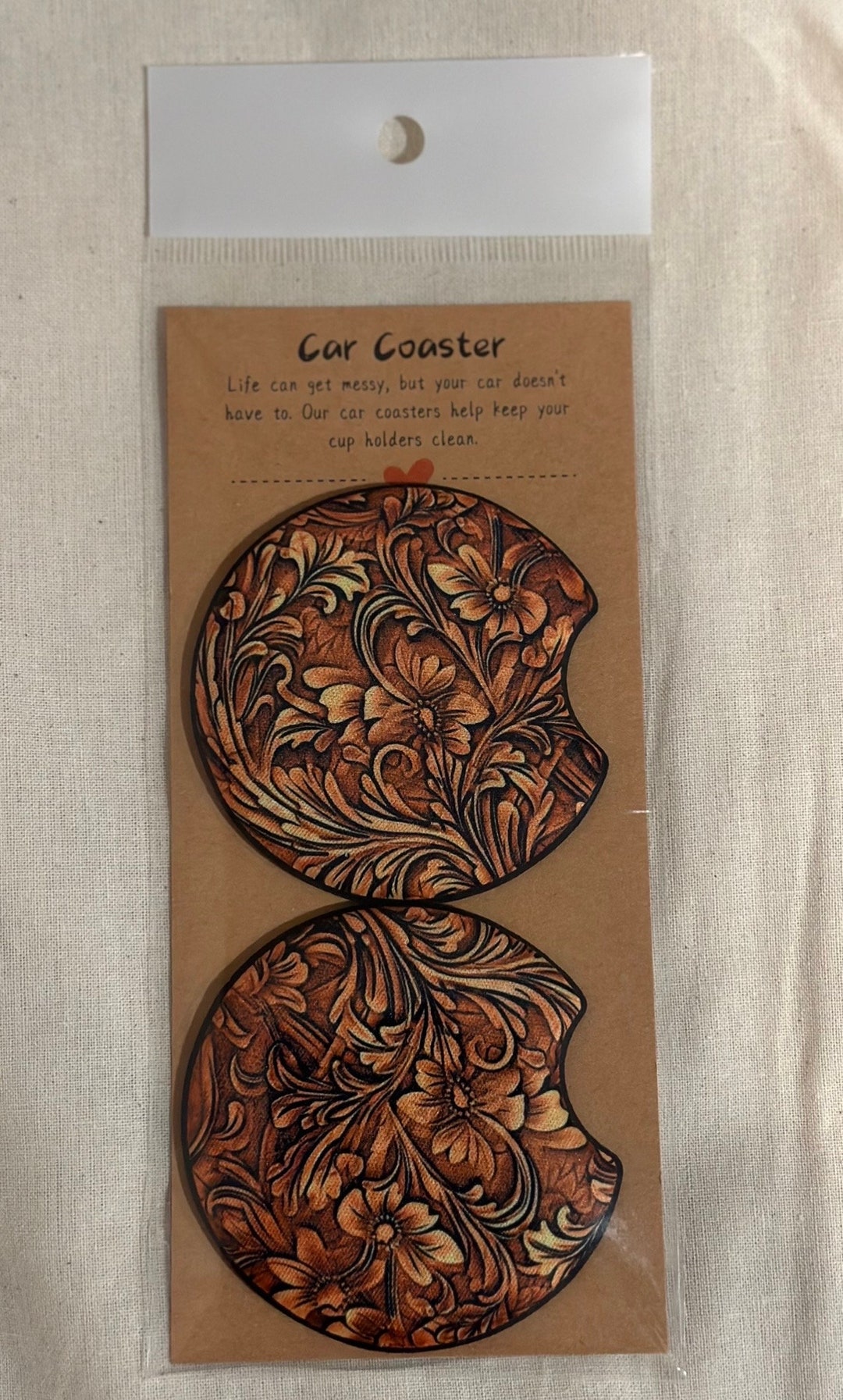 Tooled Leather Car Coaster, Sublimation Design, Car Accessories, Car ...