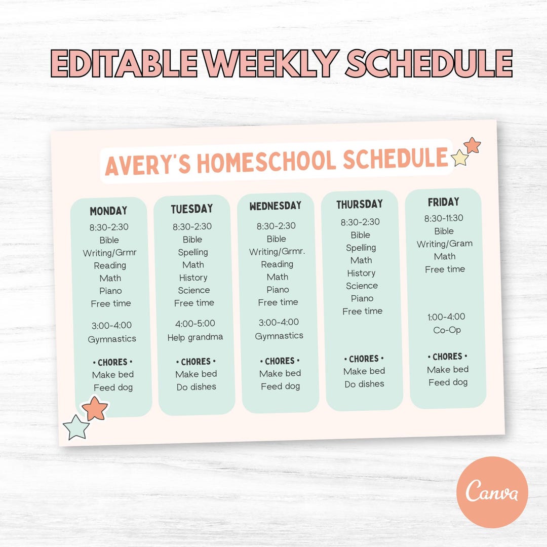 Kid's Weekly Schedule | Editable Canva Template | Homeschool Schedule ...