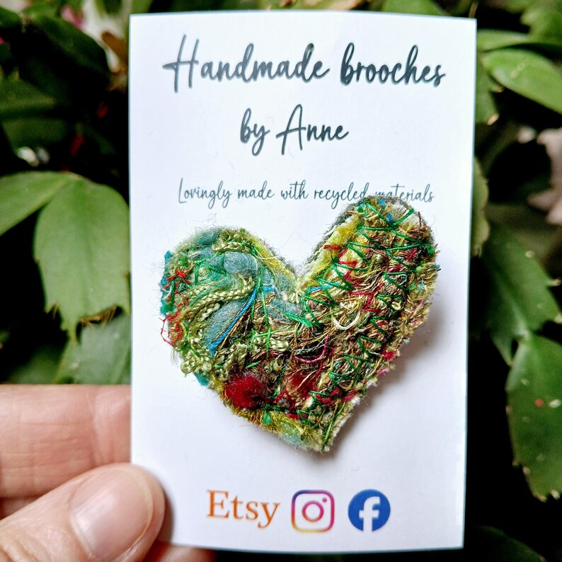 Lovingly Handmade Green Heart Brooch Made From Upcycled Textiles With ...