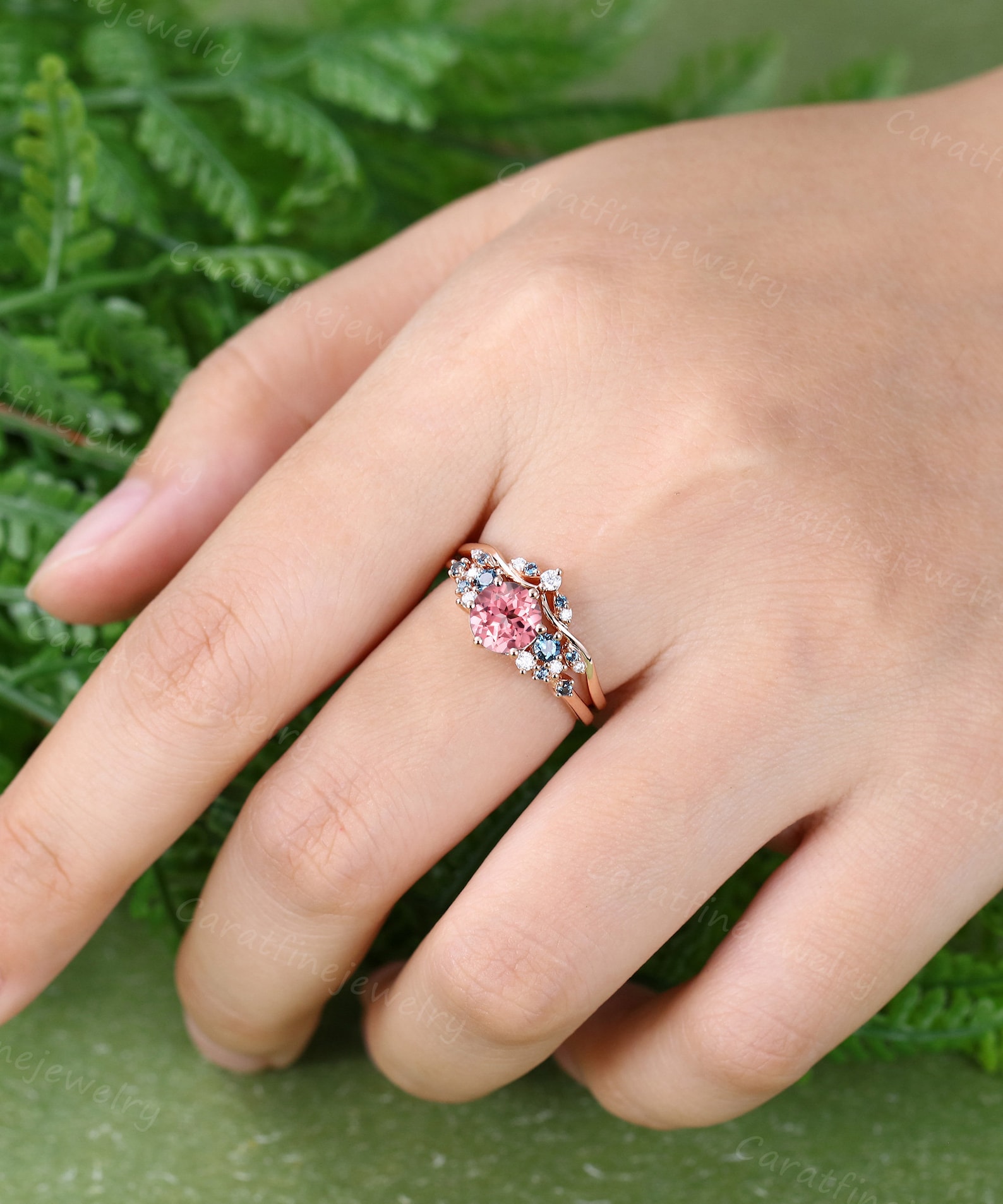 Round Cut Pink Sapphire Engagement Ring Set Vintage Rose Gold Bridal ...