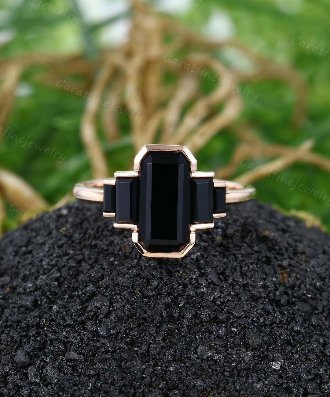 Emerald Cut Black Onyx Ring Vintage Black Onyx Engagement Ring Solid ...