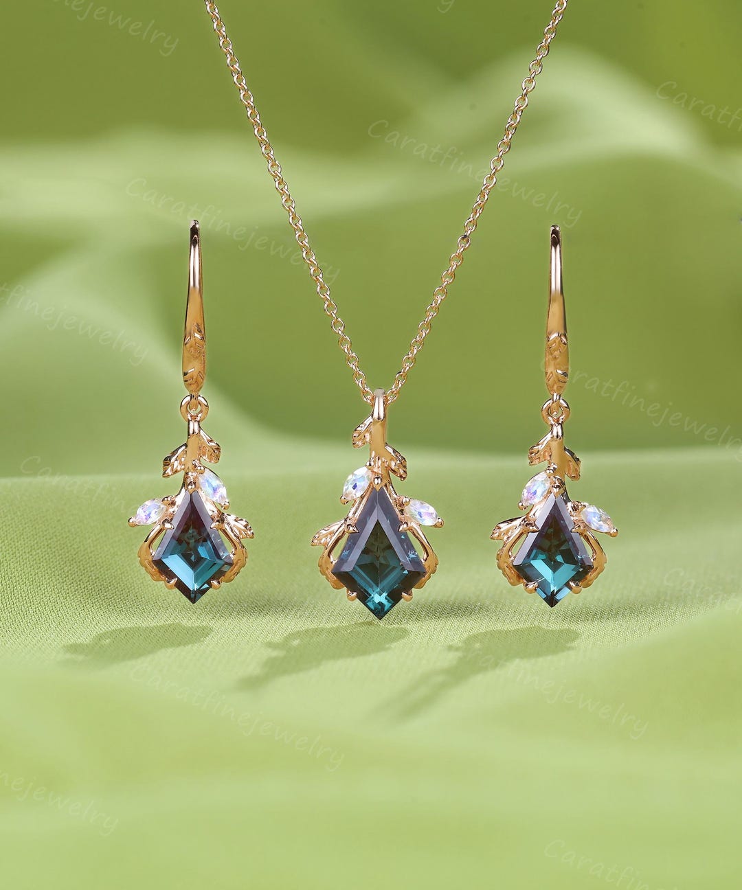 Kite Cut Alexandrite Pendant and Earrings Rose Gold Leaf Nature ...