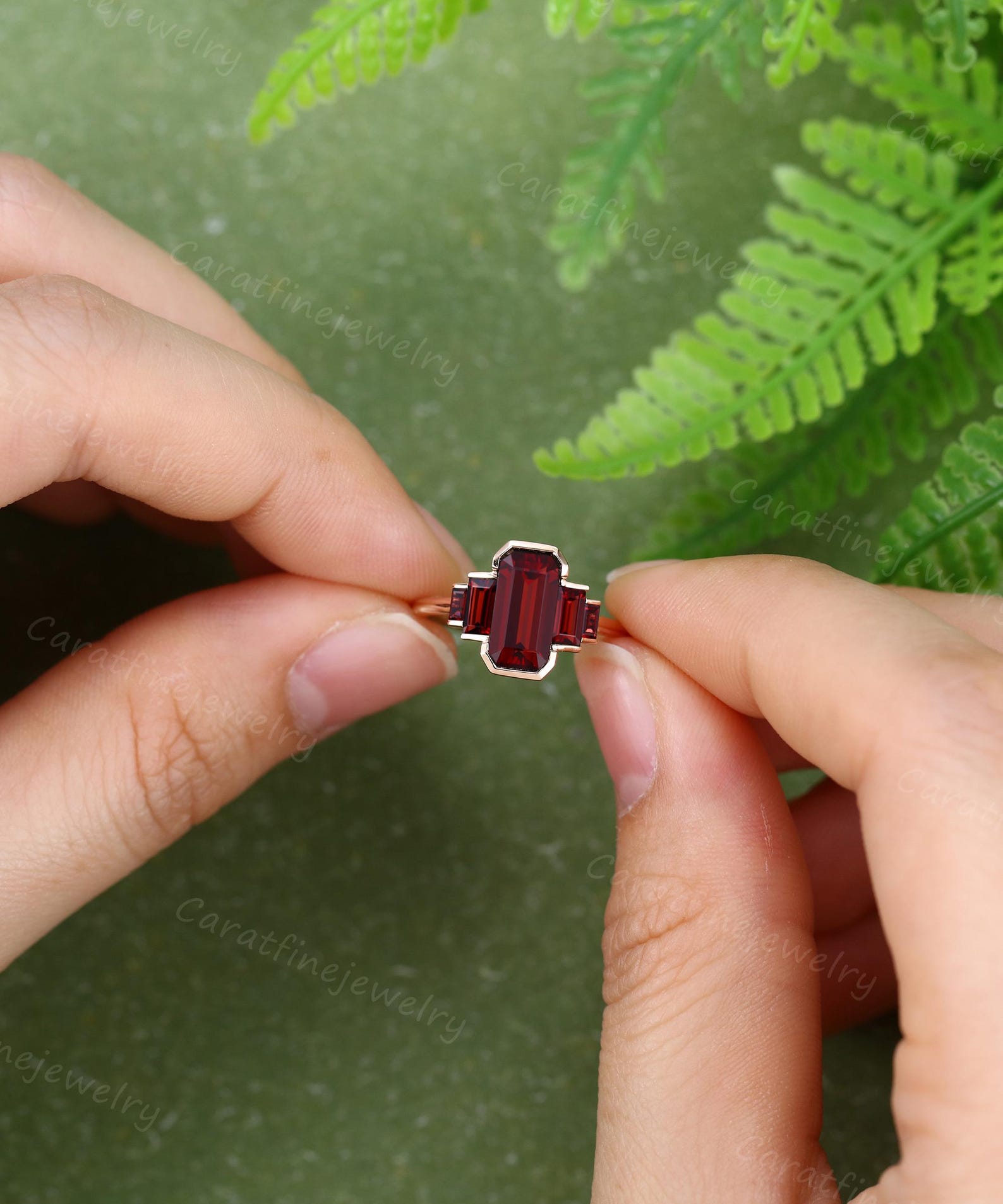 January Birthstone Emerald Cut Garnet Ring Vintage Engagement Ring Rose ...