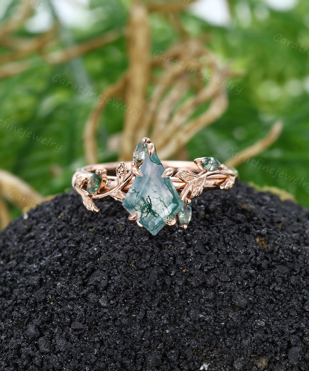 Kite Shaped Moss Agate Engagement Ring Vintage Rose Gold Ring Leaf Twig ...