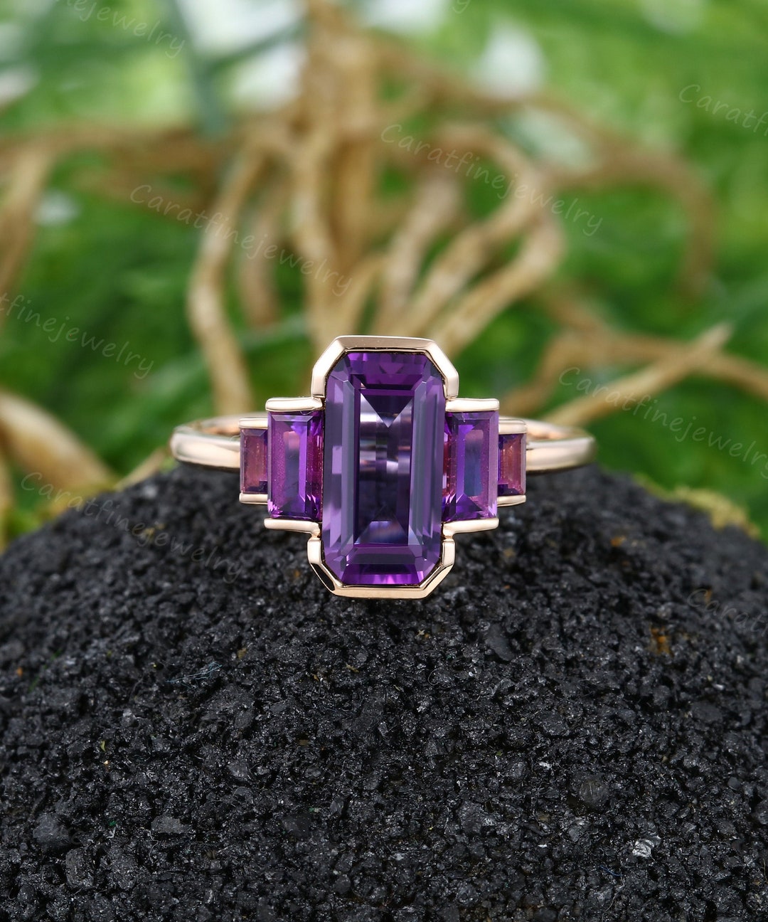 Vintage Amethyst Ring Unique Rose Gold Engagement Ring Baguette Cut ...