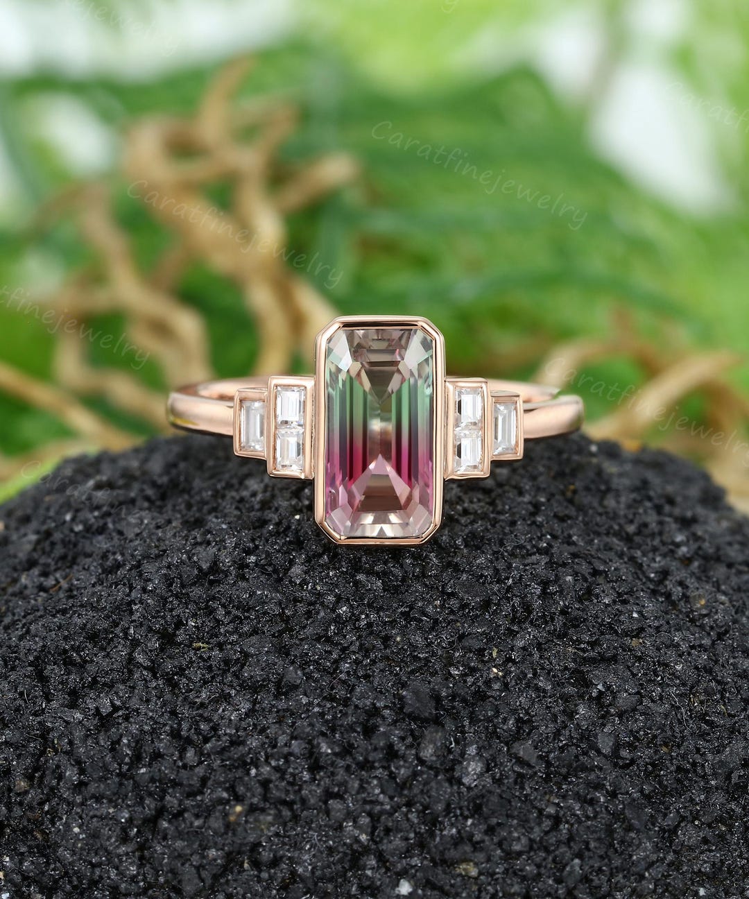 Emerald Cut Watermelon Tourmaline Rose Gold Engagement Ring Baguette ...