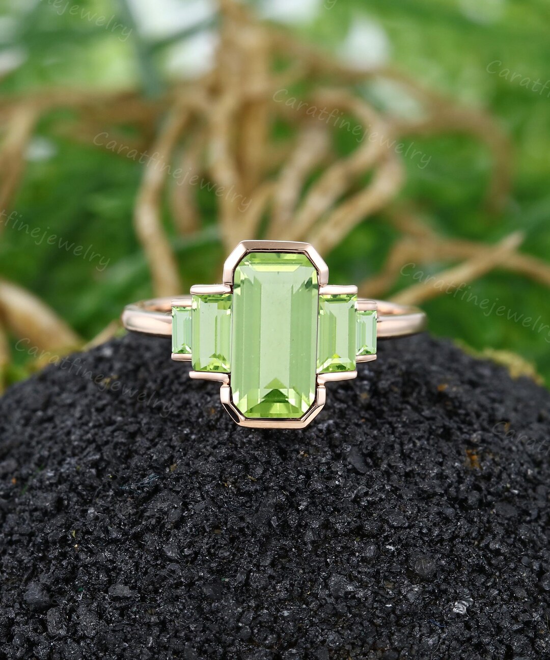 Emerald Cut Peridot Ring Vintage Engagement Ring Solid Rose Gold Ring ...