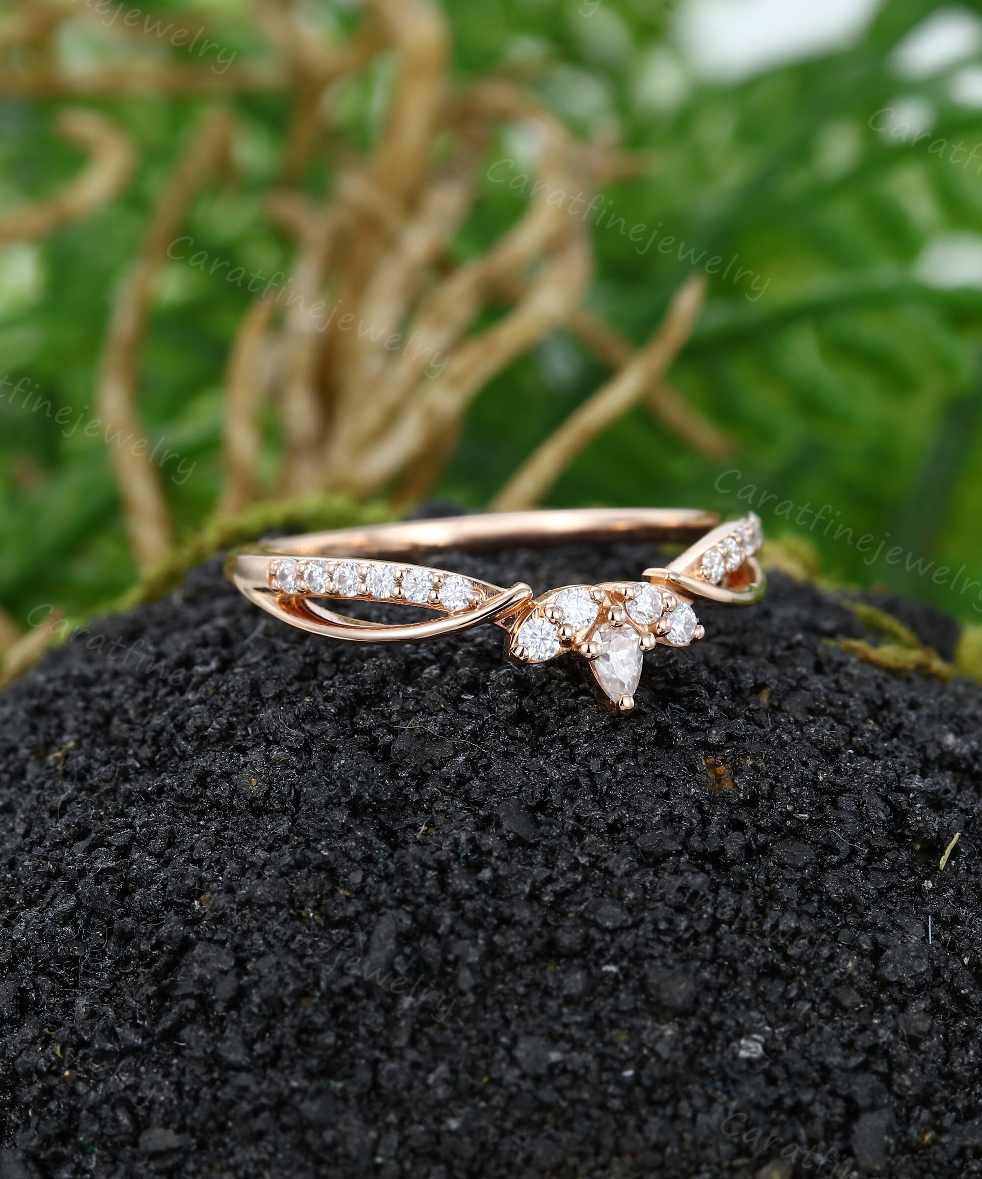 Pear Cut Moissanite Curved Wedding Band Vintage Rose Gold Twist Ring ...