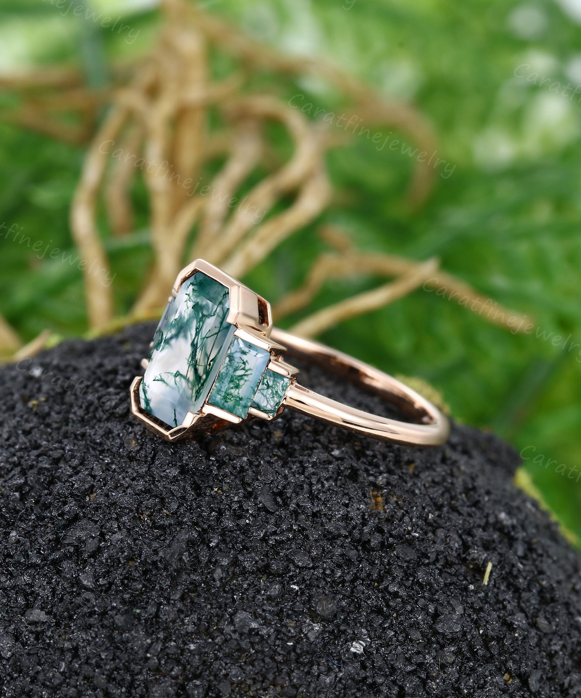 Emerald Cut Moss Agate Engagement Ring Vintage Unique Gemstone ...