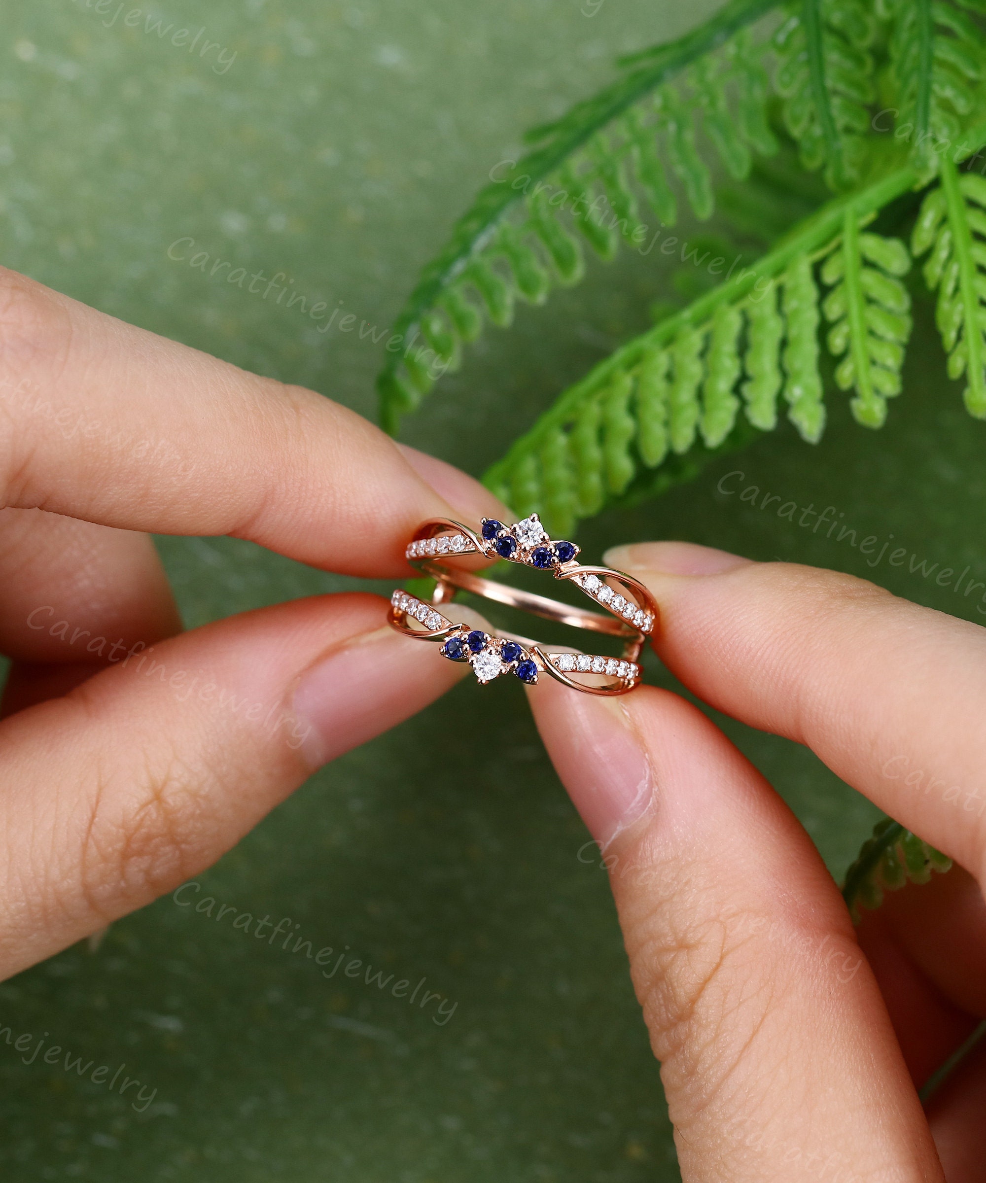 Blue Sapphire Curved Wedding Band Unique Rose Gold Ring Enhancer Round ...