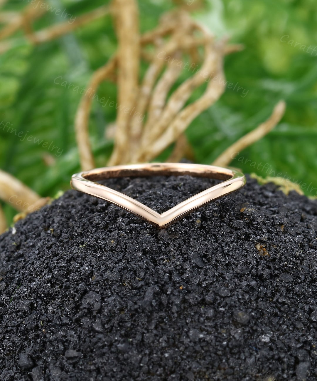 14k Solid Rose Gold Plain Curved Wedding Band Minimalist Women Wishbone Ring Thin Band Chevron ...