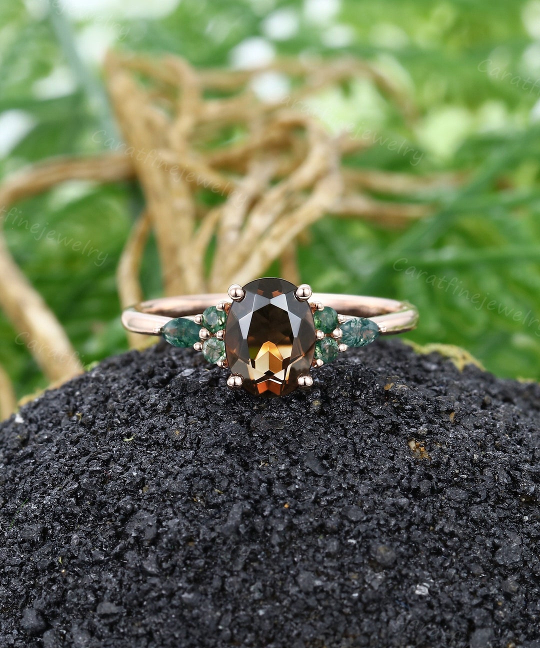 Oval Cut Smoky Quartz Ring Vintage Rose Gold Engagement Ring Marquise ...
