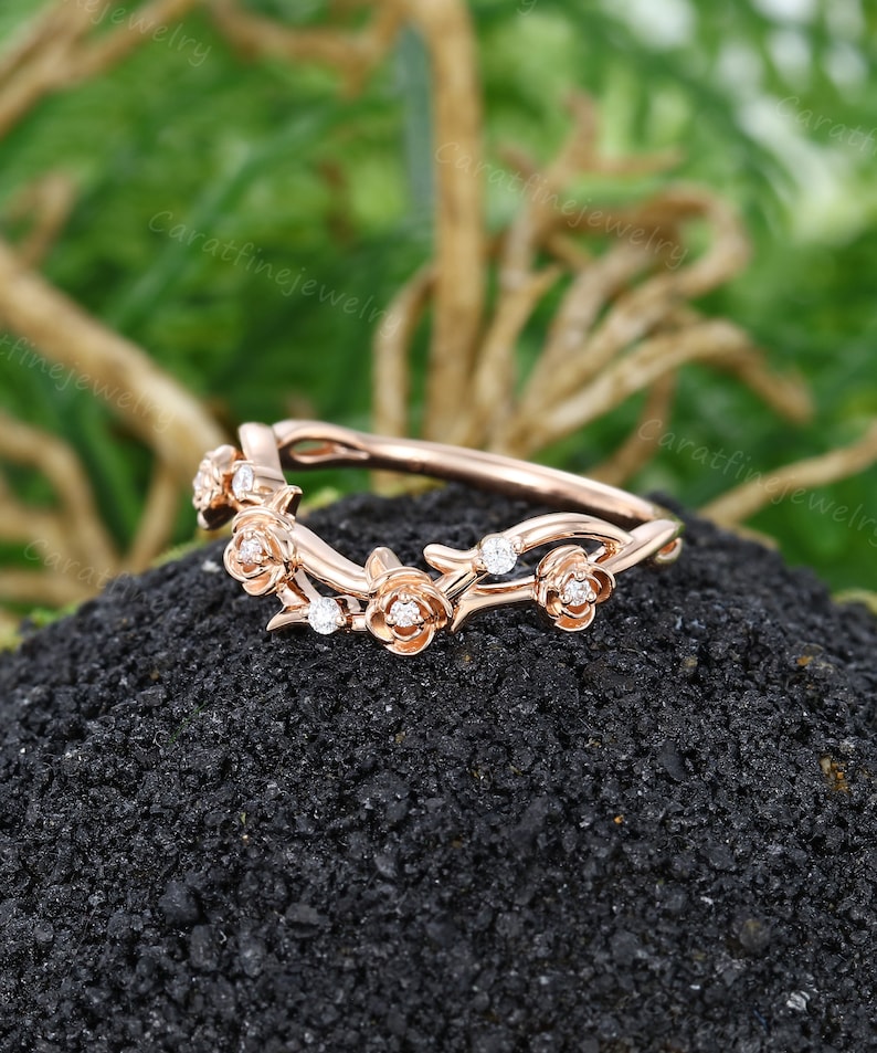 Floral Design Ring Diamond Curved Wedding Band Unique Rose Gold Wedding ...
