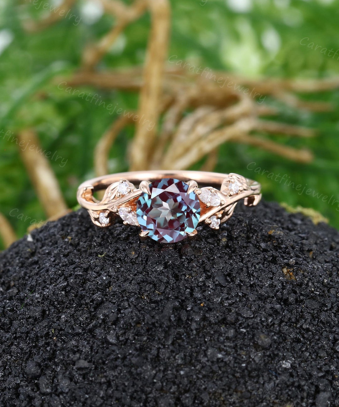 Vintage Round Cut Alexandrite Ring Rose Gold Engagement Ring Leaf ...