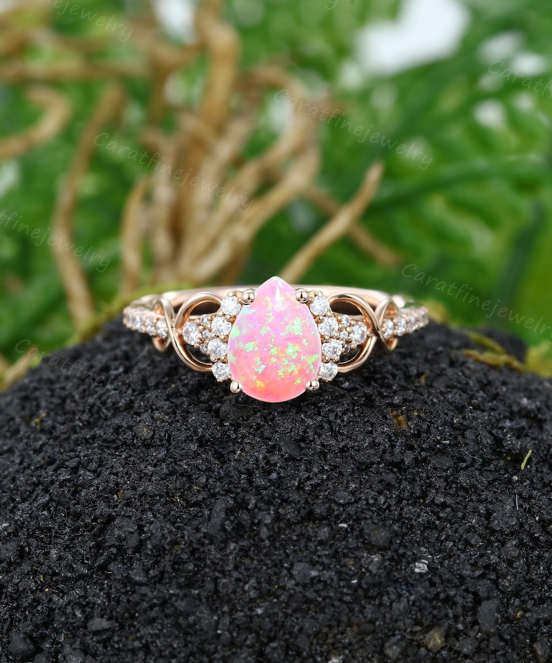 Pear Shaped Pink Fire Opal Ring Unique Rose Gold Engagement Ring ...