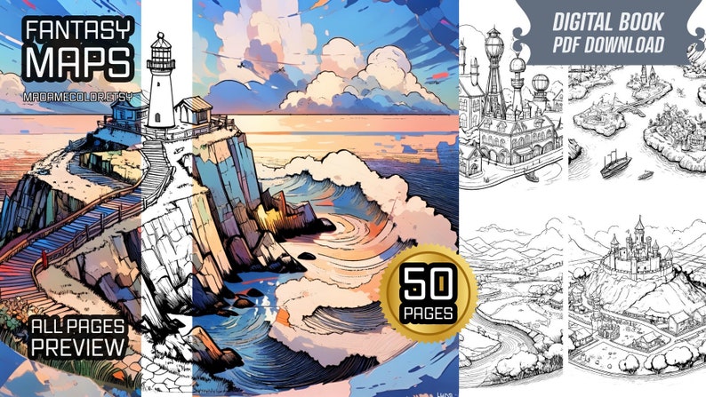 Fantasy Maps Coloring Pages Adult and Kids Coloring Book, Downloadable ...