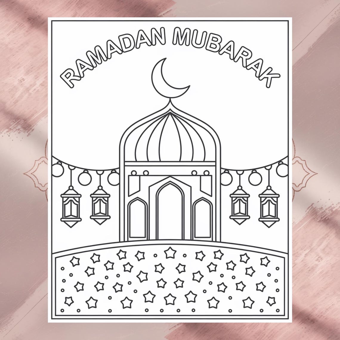 Ramadan Mubarak Coloring Page PDF - Mosque, Moon, Stars - Kids Activity ...