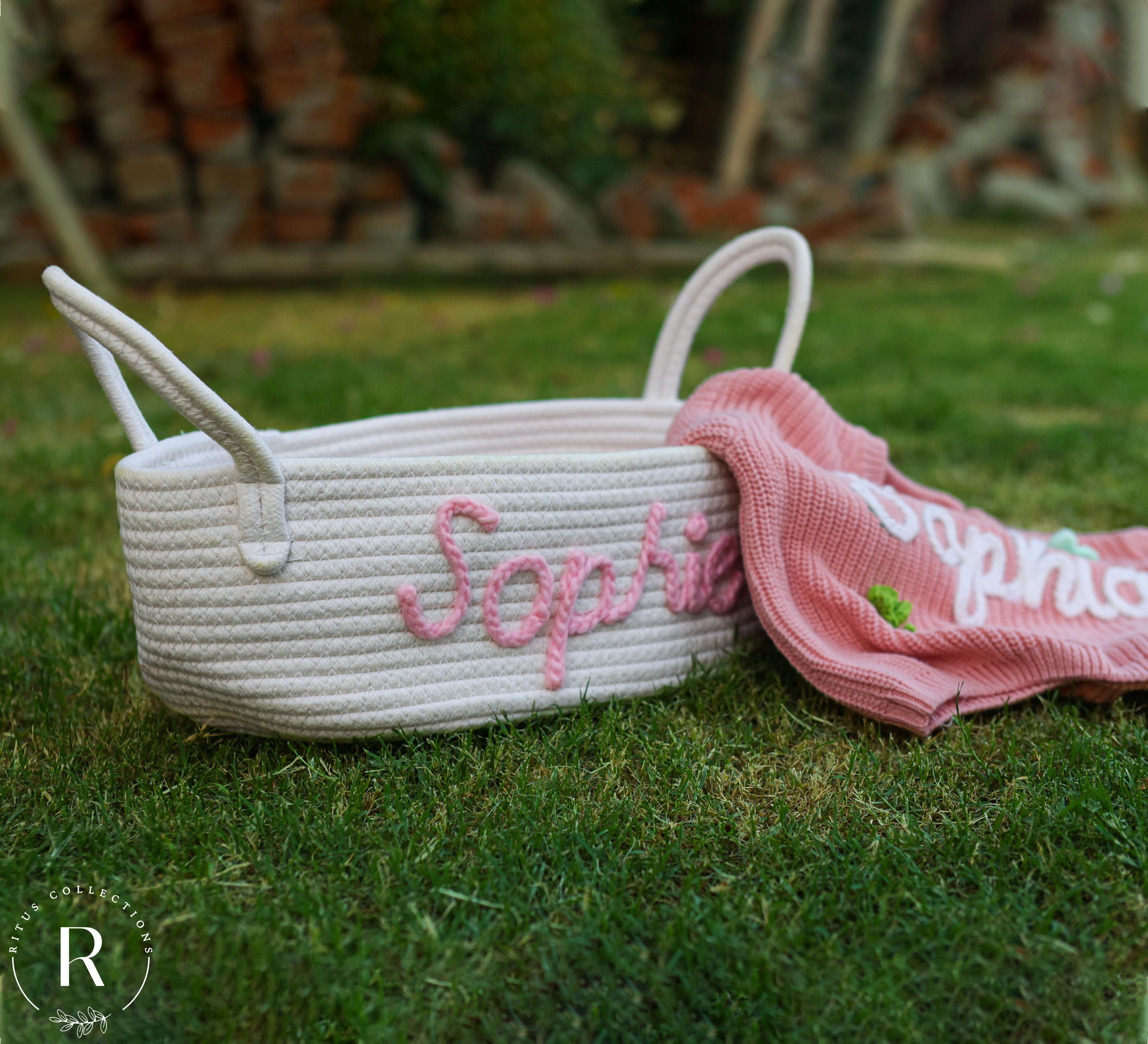 Personalized Cute New Born Baby Basket, Custom Embroidered Baby Name ...