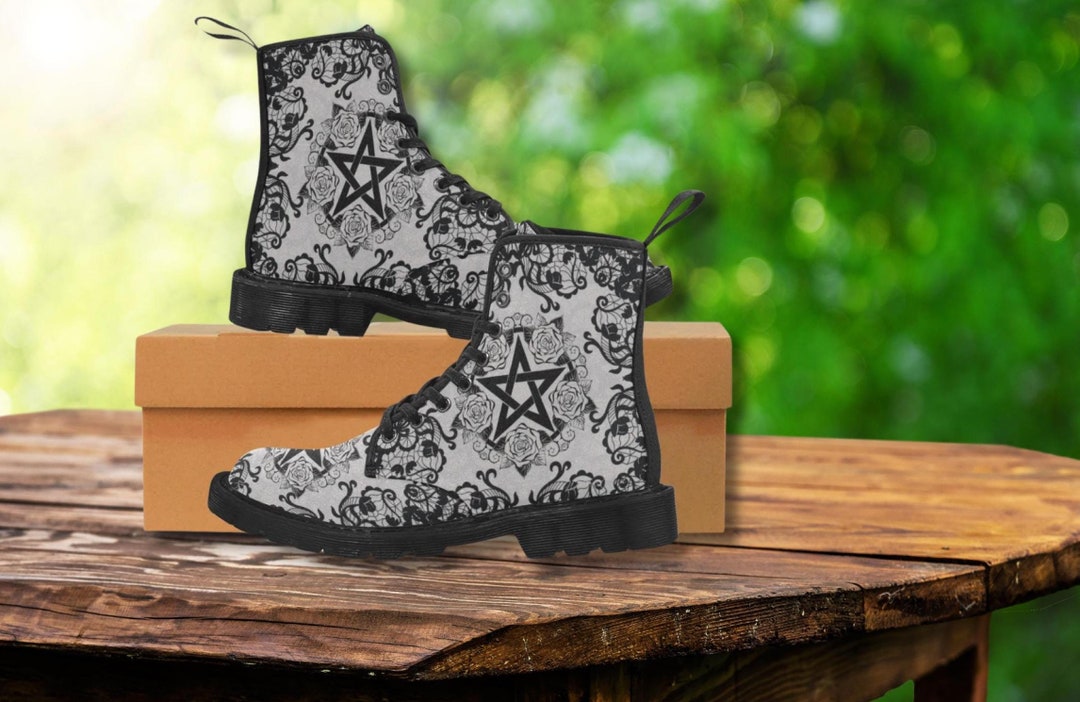 Black Lace and Rose Pentagram Canvas Boots, Gothic Pentagram Boots ...