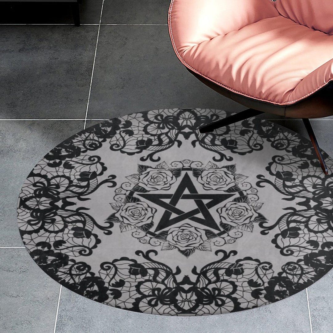 Pentagram and Rose Round Coral Velvet Warm Floor Mat, Pentagram Rug ...