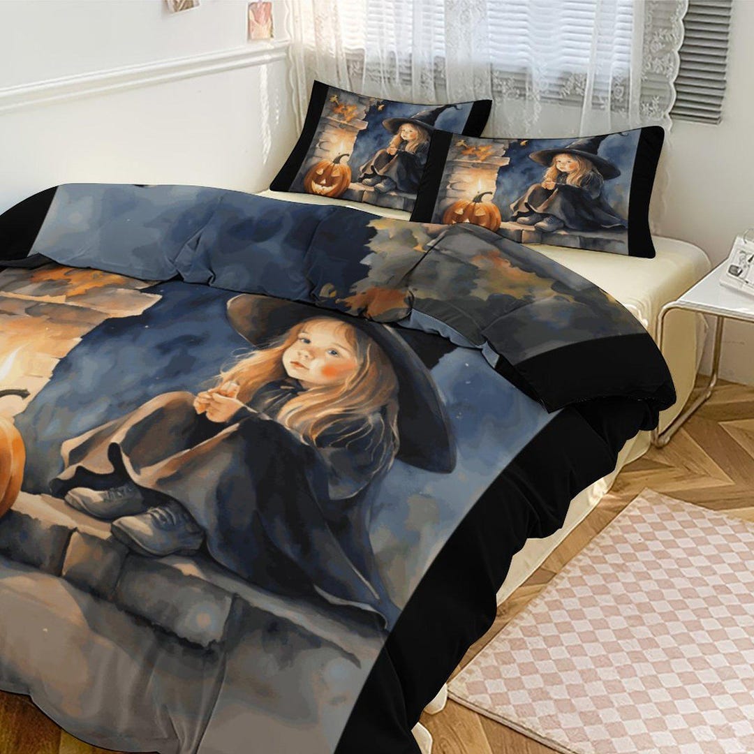 Little Witch Girl Halloween 3-piece Bedding Set Queen, Witchy Nursery ...