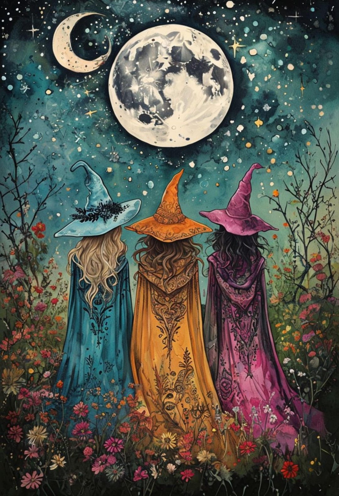 Boho Witches Autumn Forest Art Print: Moonlit Sisterhood (PDF Download ...