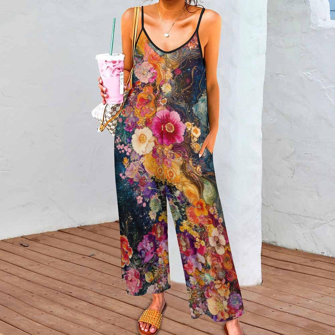 Floral Splash Suspender Jumpsuit and Short Sleeve Cape, Boho Clothing ...