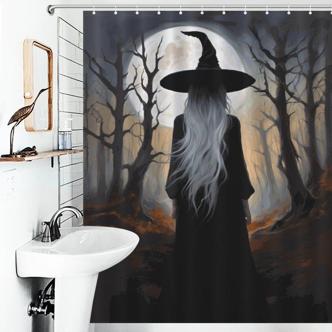 Wispy Wiccan Witch Shower Curtain, Celestial Black Forest Shower ...