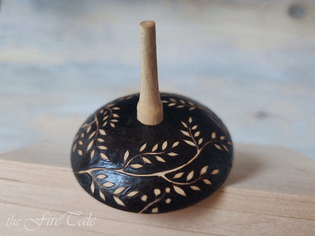 Wooden Spinning Top With Wood Burned Floral Design, Vines, Pyrography ...