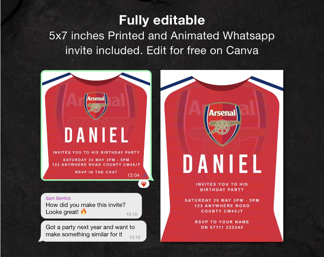 Animated Arsenal Birthday Invitation | Editable Digital Football Party ...